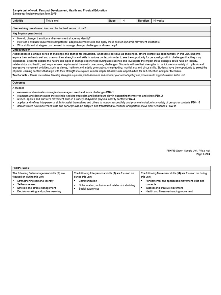 Pdhpe Stage 4 Sample Unit This Is Me | PDF | Adolescence | Learning