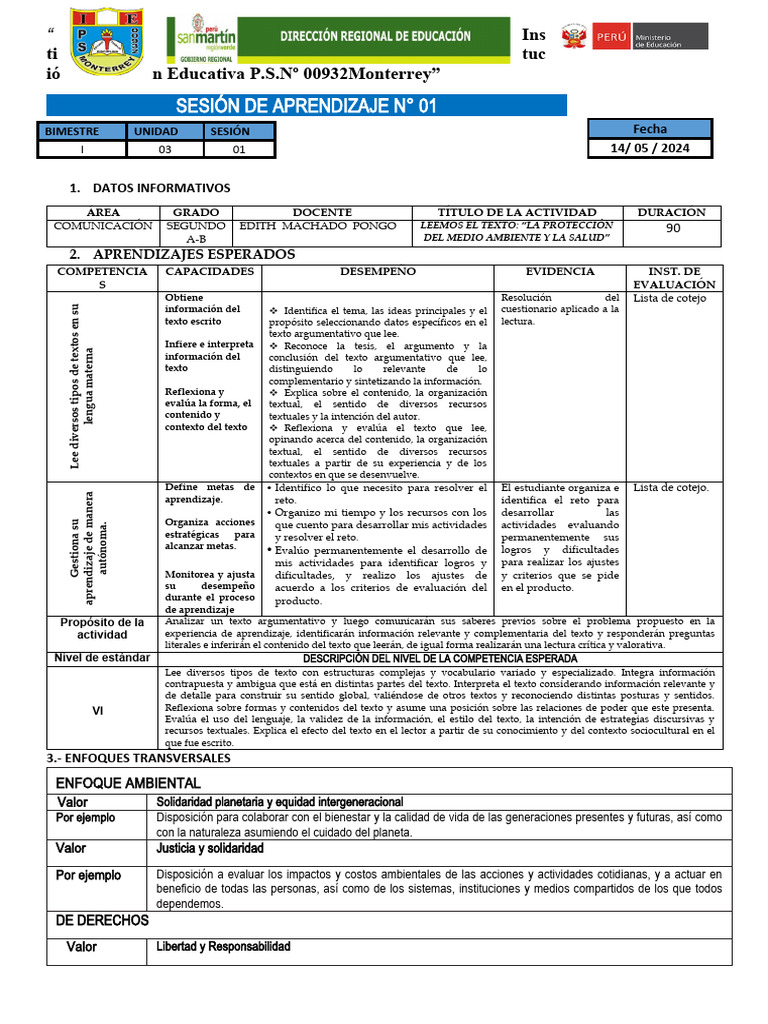 SESIÓN #1 lEEMOS EL TEXTO. La Protección Del Medio Ambiente - SEGUNDO ...