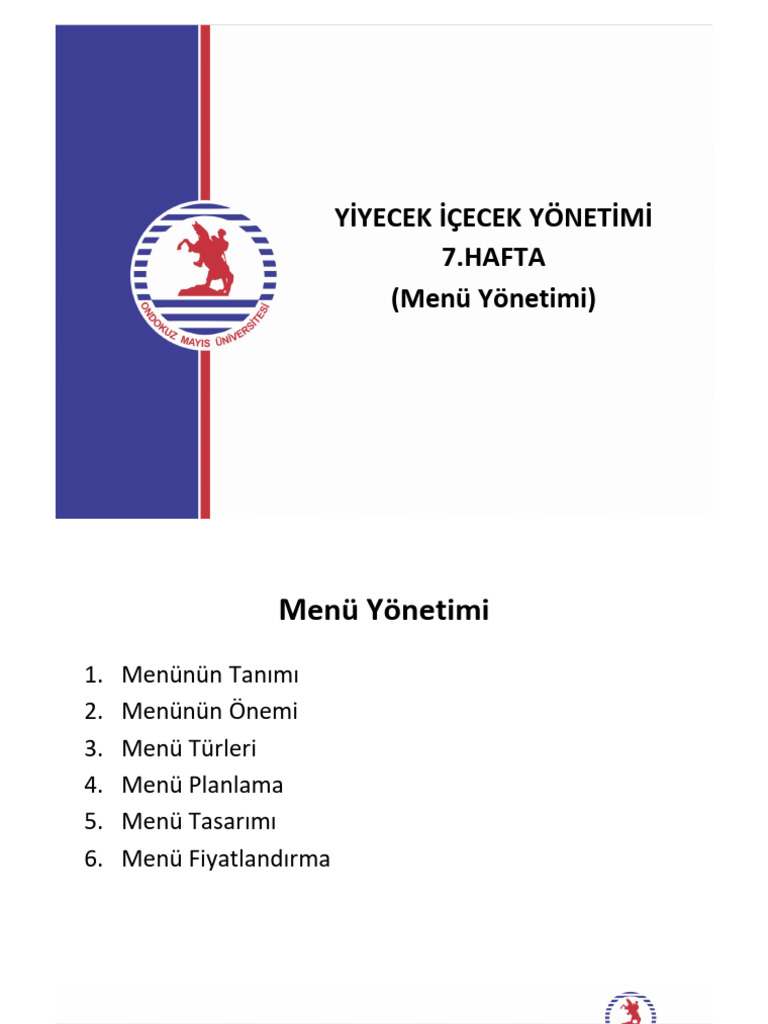 Yiyecek İçecek Yön. 7. HAFTA-Menü Yönetimi | PDF