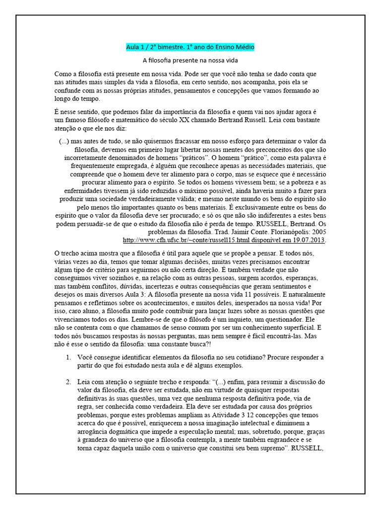Aula 1 2° bim | PDF | Pensamento | Tempo