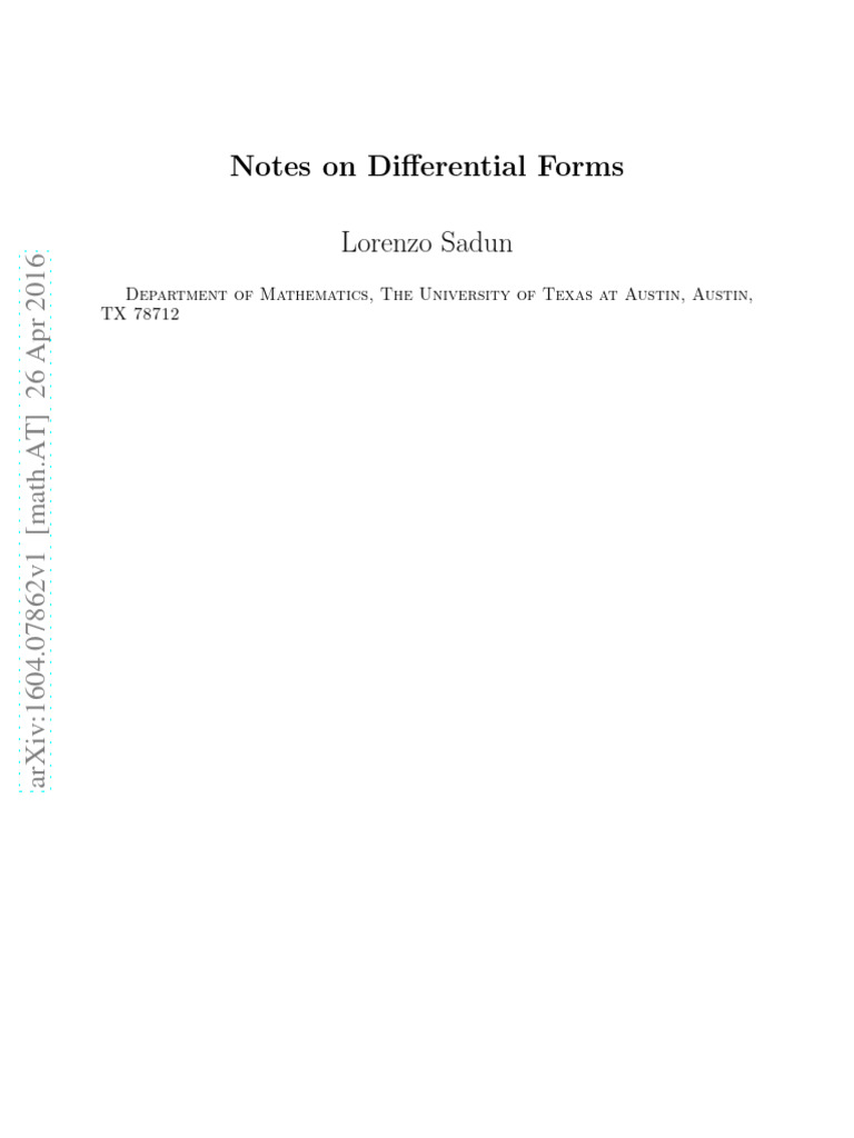 Notes On Differential Forms: Department of Mathematics, The University ...