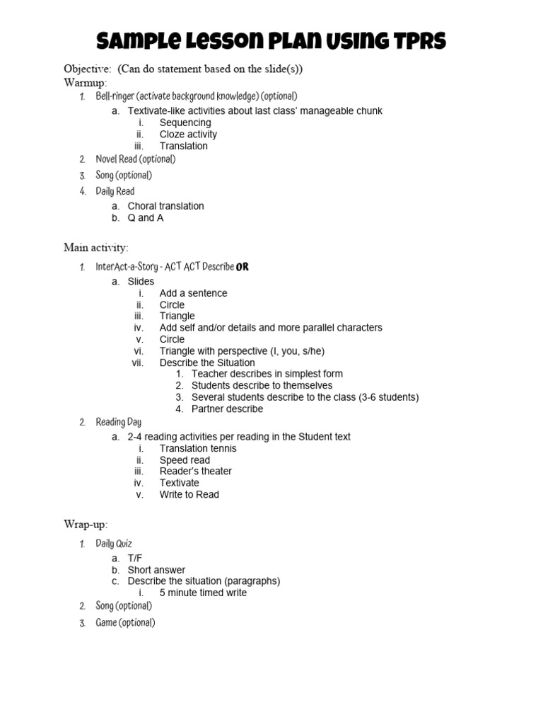 Sample Daily Lesson Plan Using TPRS | PDF