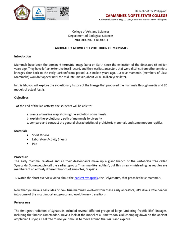 Laboratory Activity 9 Mammals | PDF | Mammals