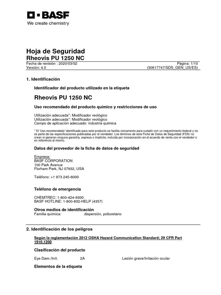 Rheovis® Pu 1250 NC Sds Es Us | PDF | Residuos | Toxicidad