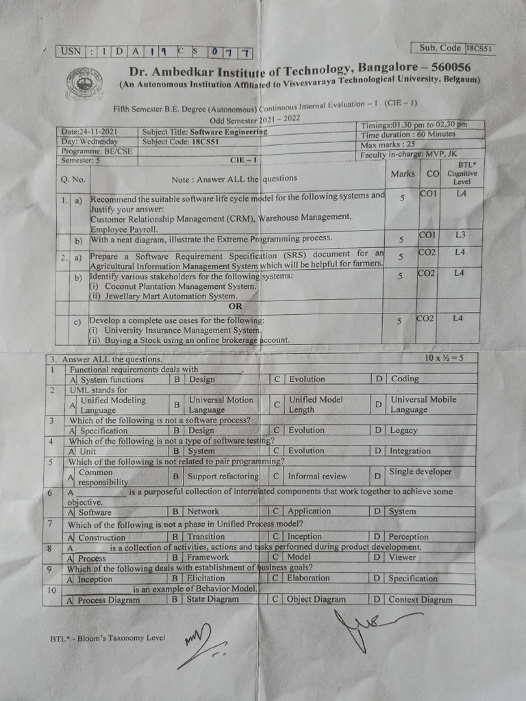SE(CIE and SEE 2021-2022 PAPERS) | PDF | System | Use Case