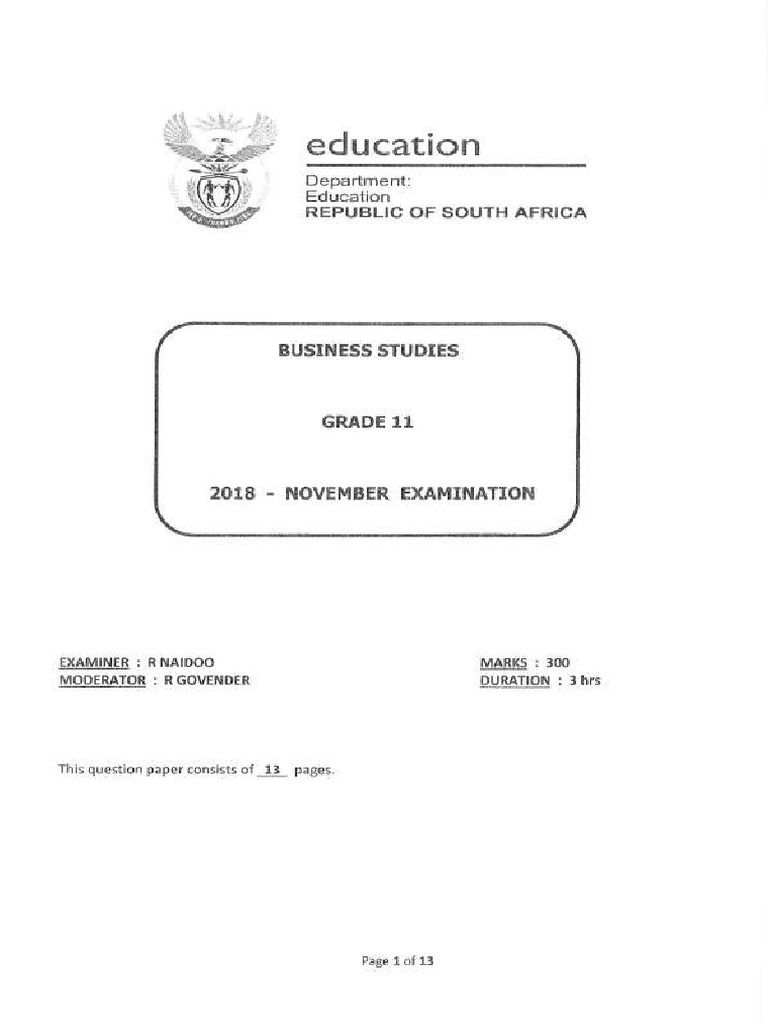 2018 Grade 11 November Question Paper and Memo National DBE Business Studies English | PDF