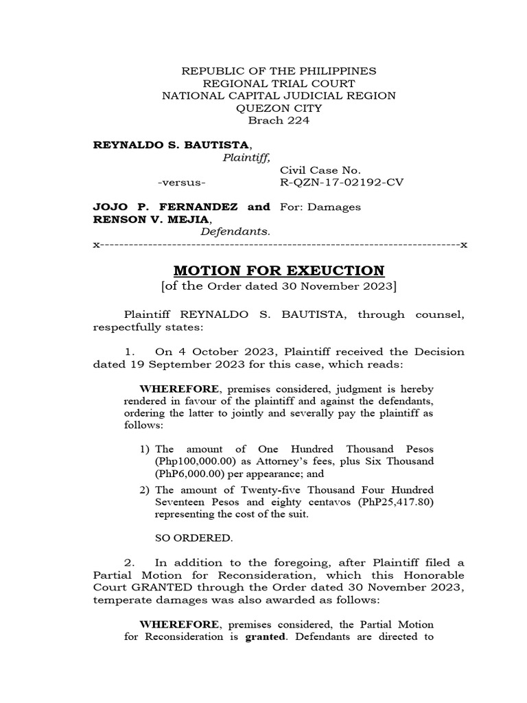 Motion For Execution - RSB v. Fernandez 5-10-24 | PDF | Lawsuit | Legal Procedure