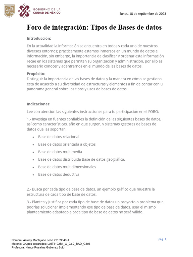 AntonyMonejanoLeón - Actividad1 - Foro de Integración Tipos de Bases de Datos | PDF | Bases de ...