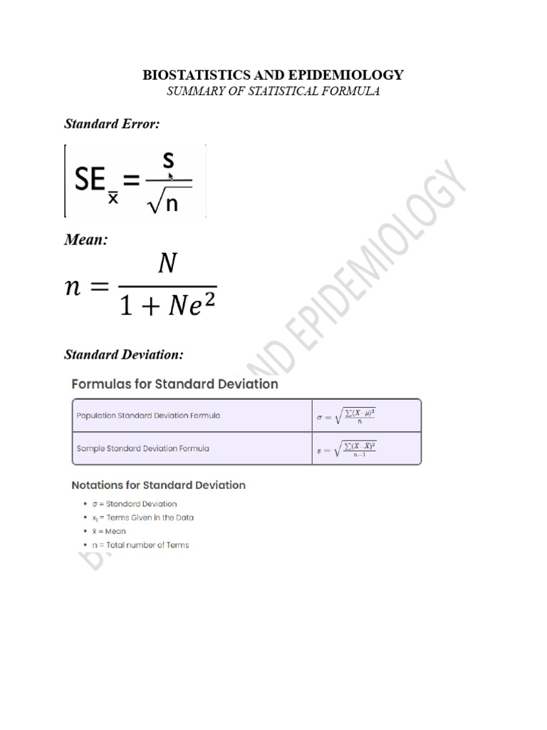 Biostatistics and Epidemiology - Summary of Statistical Formula | PDF ...