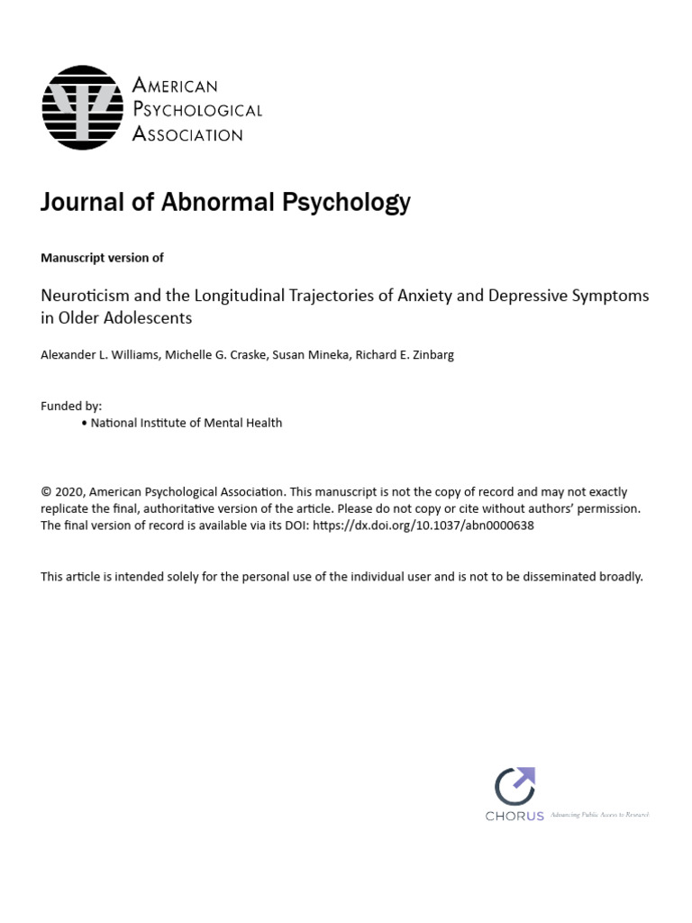 Journal of Abnormal Psychology | PDF | Anxiety Disorder | Mental Disorder