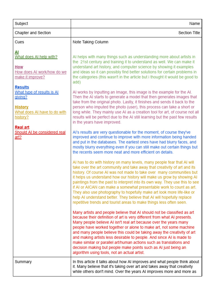 sienna statton - cornell notes template | PDF | Artificial Intelligence ...
