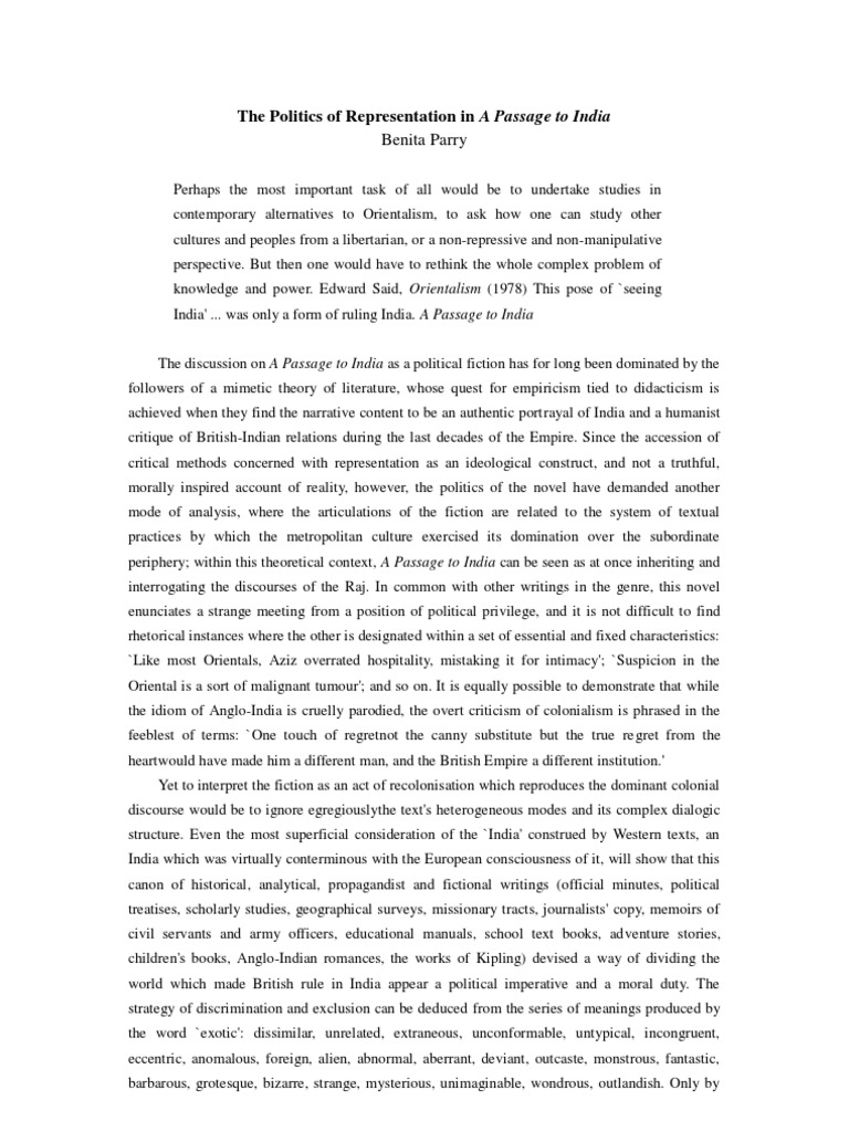 The Politics of Representation in A Passage To India: Benita Parry | PDF