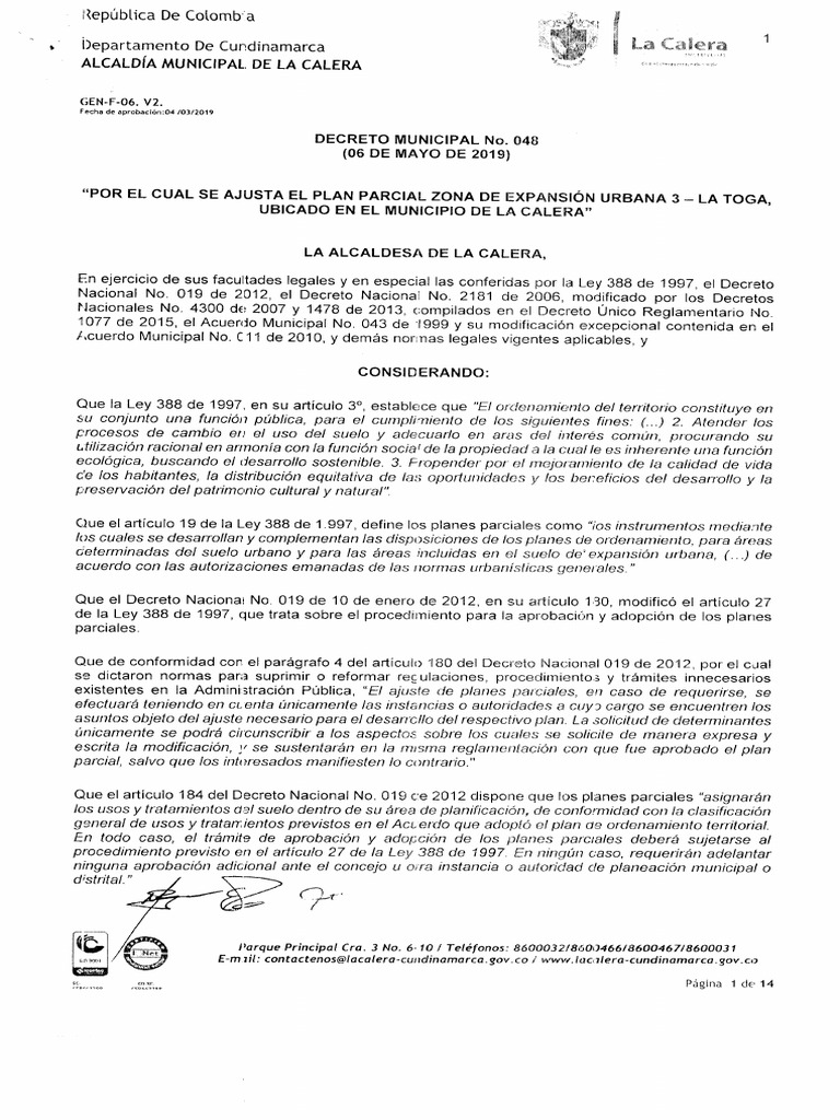 Dto. 048 de 2019 PP3 LA TOGA | PDF | Adopción | Planificación