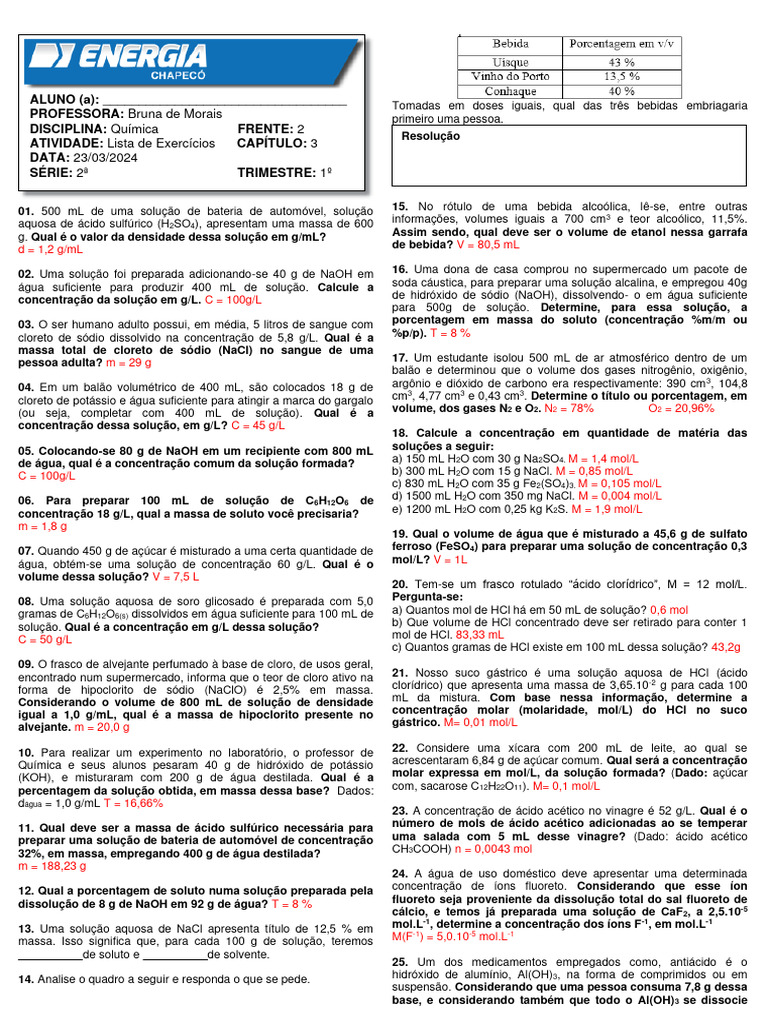 QuÃ­mica_2_CapÃ­tulo 3_Lista de ExercÃ­cios_2ÂºAno_1ÂºTrimestre_2024_Gabarito_Alunos | PDF ...
