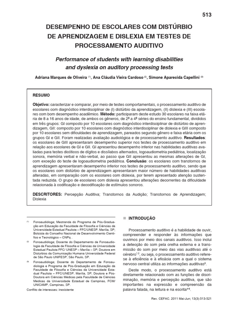 Desempenho de Escolares Com Distúrbio Pac | PDF | Dislexia | Audição