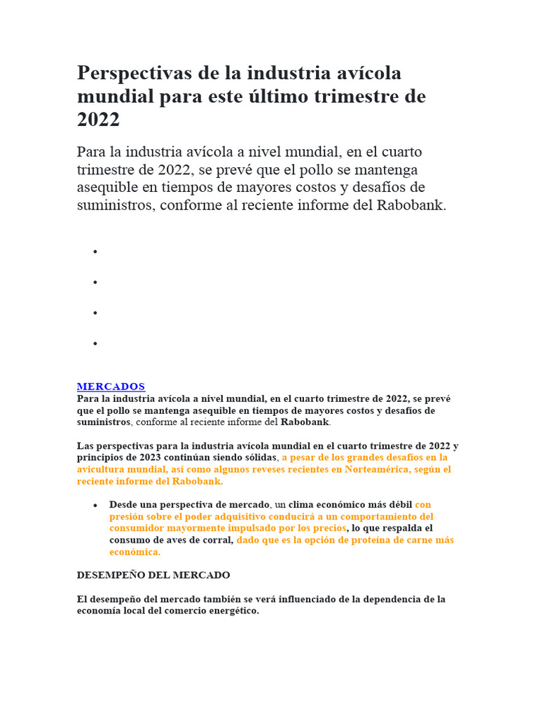 Perspectivas de La Industria Avícola Mundial para Este Último Trimestre de 2022 | PDF ...