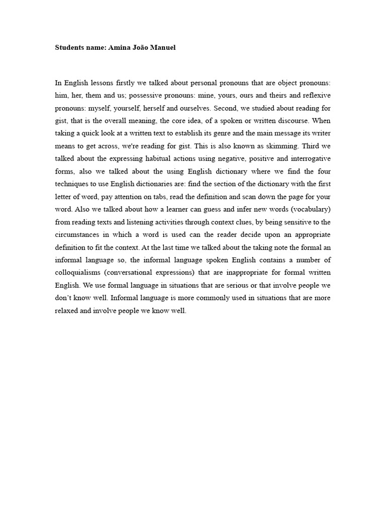 Writting Summary of English Lessons | PDF