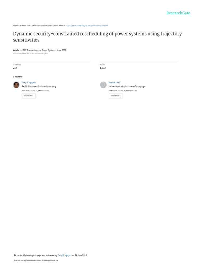 Dynamic Security-Constrained Rescheduling of Power Systems Using Trajectory Sensitivities | PDF ...