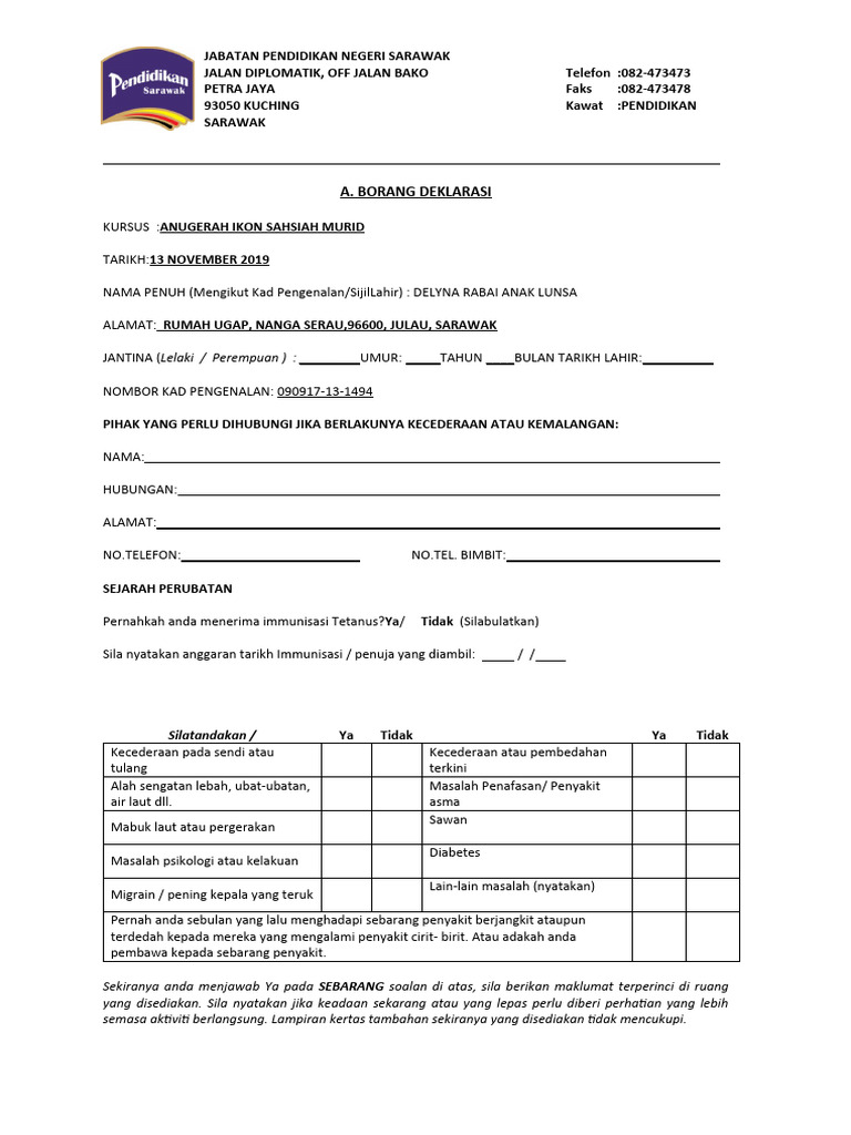 Borang Deklarasi Murid | PDF