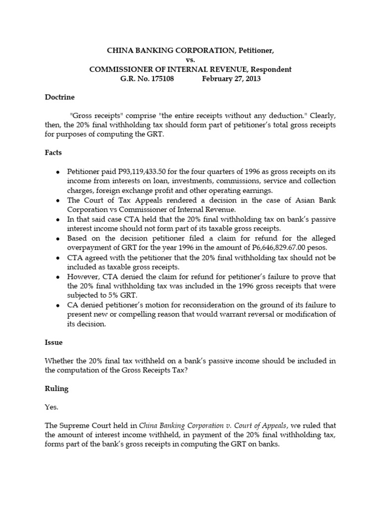 China Banking Corp Vs CIR | PDF | Taxes | Tax Refund