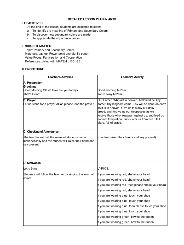 Lesson Plan: Primary & Secondary Colors | PDF | Color | Lord's Prayer