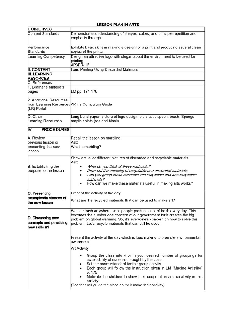 ARTS 3 - 3rd Quarter Lesson Plan | PDF | Learning | Lesson Plan