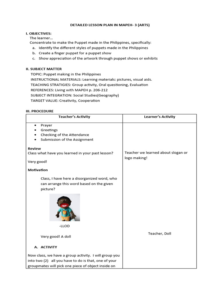 ARTS 3 - 4th Quarter Lesson Plan | PDF | Puppetry | Puppets