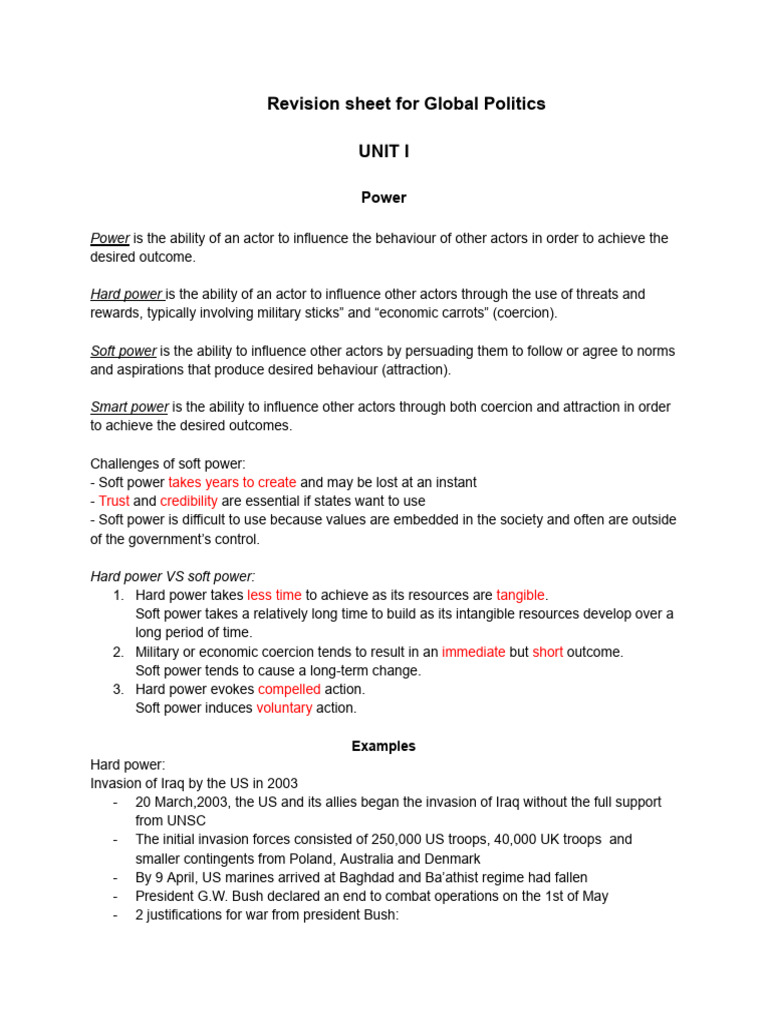 Revision Sheet For Global Politics | PDF | Sovereign State | State (Polity)
