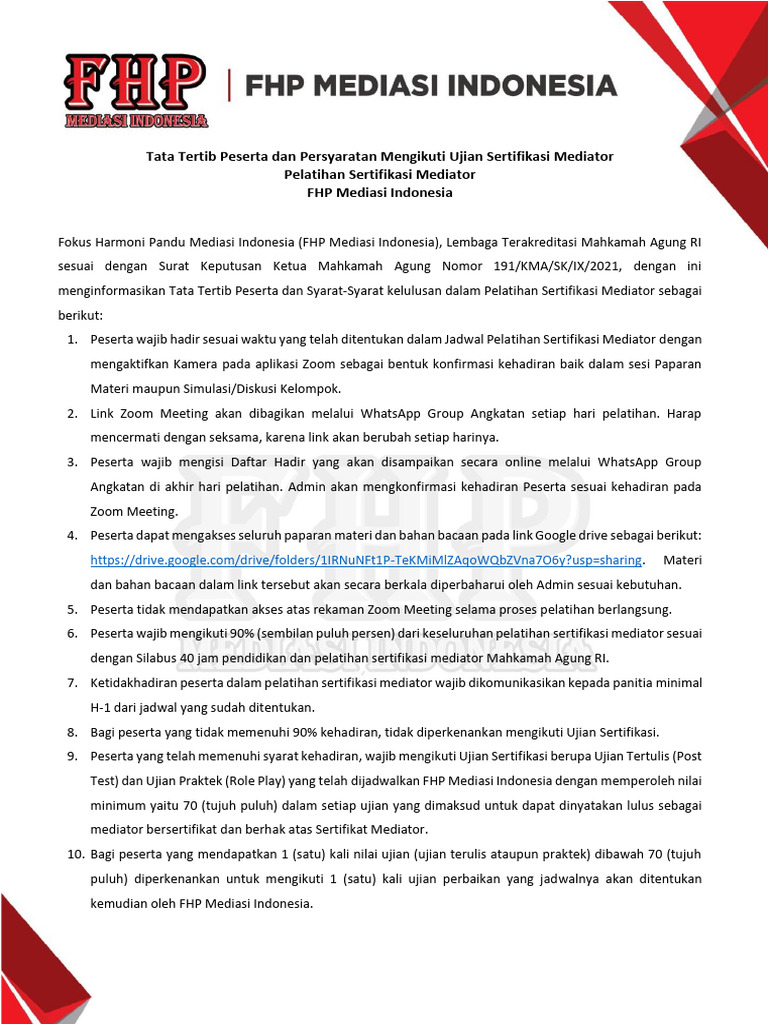 Tata Tertib Peserta Dan Syarat Mengikuti Ujian Sertifikasi Mediator - FHP Mediasi Indonesia - 12 ...