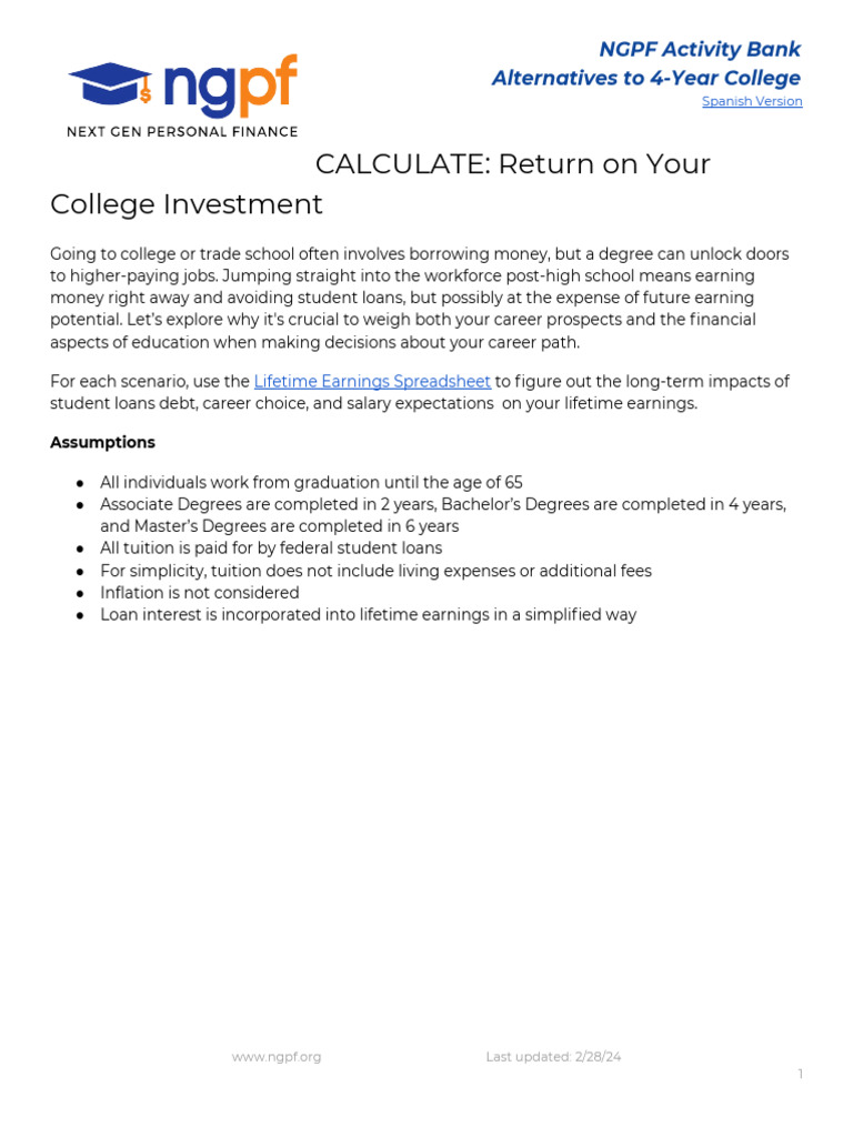 CALCULATE - Return On Your College Investment Activity | PDF | Student ...