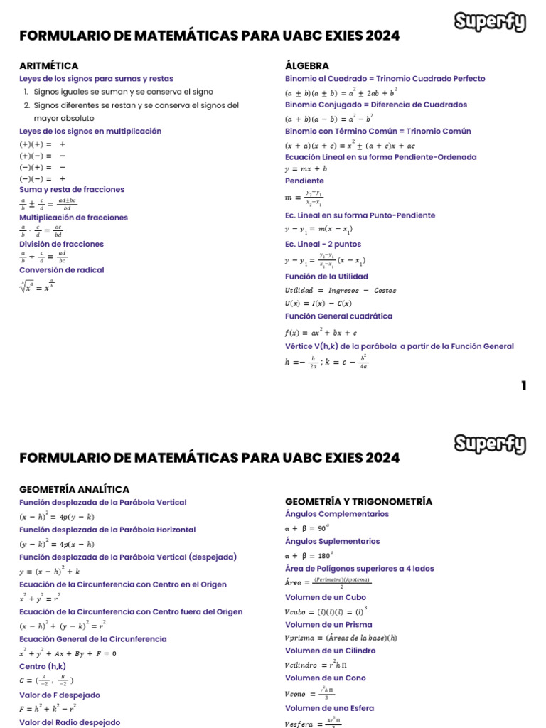 Formulario de Matemáticas UABC ExIES 2024 | PDF | Funciones ...