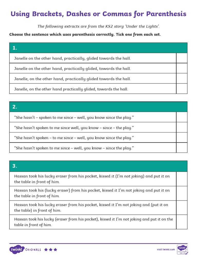 Parenthesis Usage in KS2 Story Exercises | PDF | Bracket | Orthography