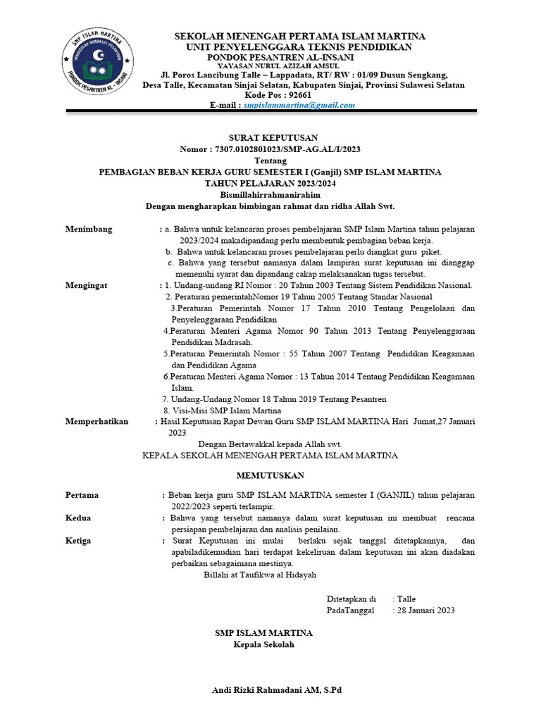 SK Beban Kerja Guru Semseter Genap 2022-2023 | PDF