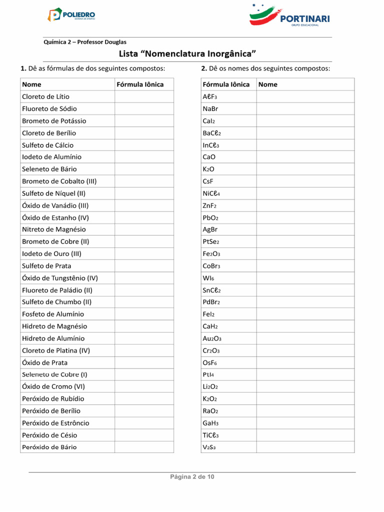 Q2 - Lista de Exercícios - Nomenclatura Inorgânica | PDF