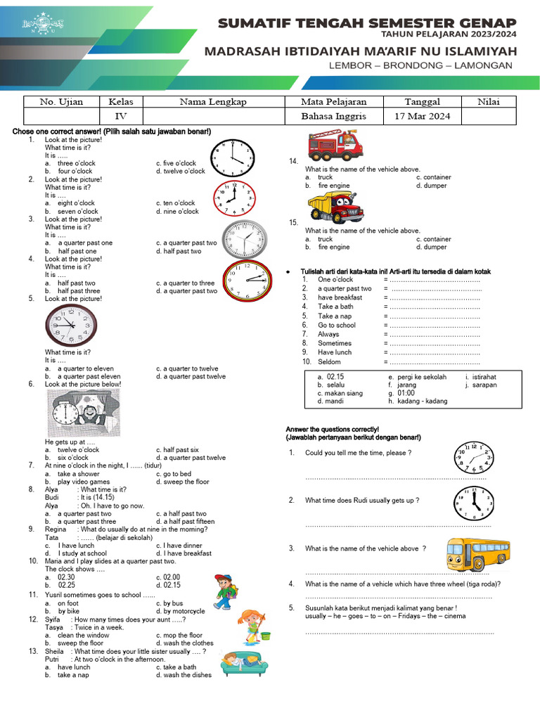 Soal PTS Bahasa Inggris Kelas IV PTS Genap Setor | PDF | Vehicles