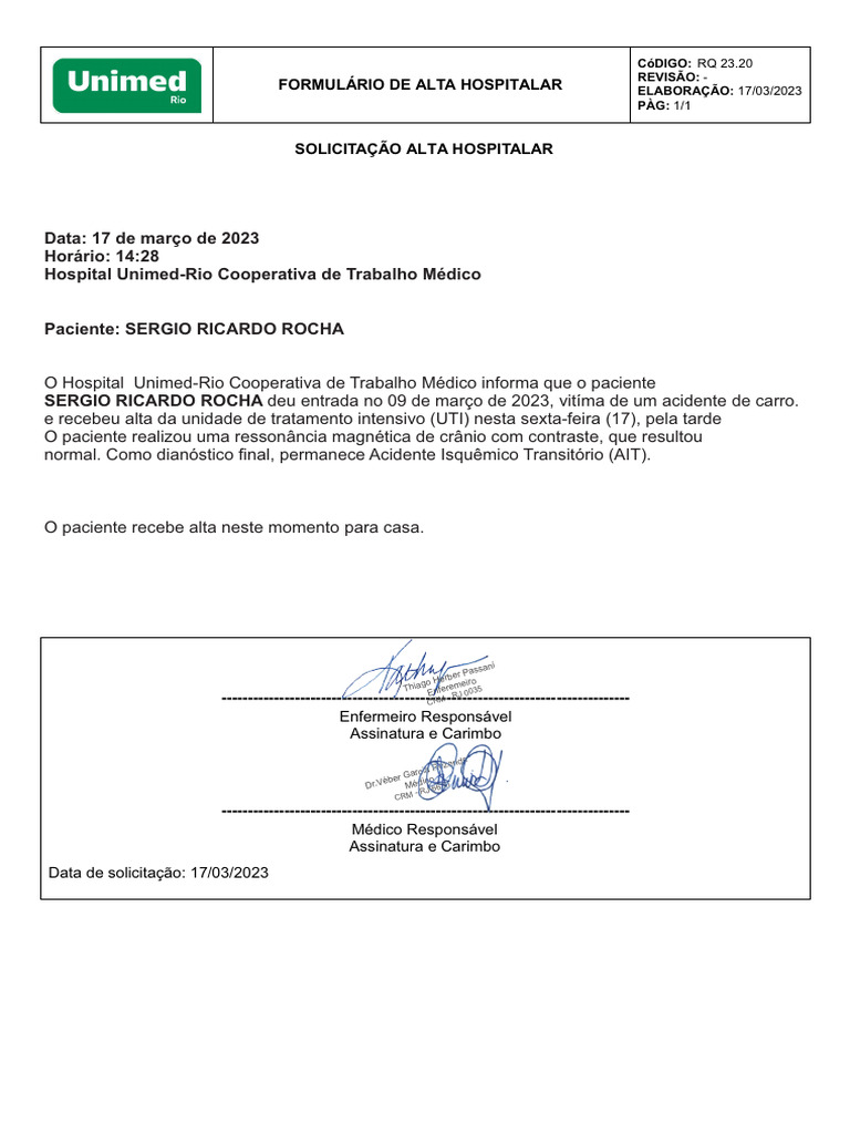 RQ 23 20 Formulario de Alta Hospitalar | PDF | Especialidades médicas ...