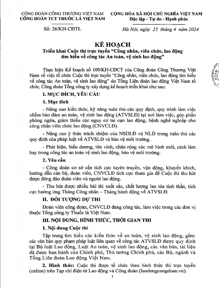26. Kế Hoạch Triển Khai Thi ATVSLĐ 2024 | PDF