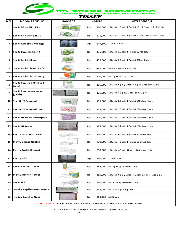 Tissue Price List and Details | PDF