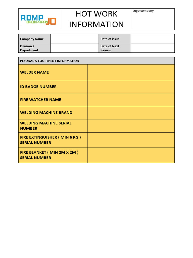 Hot Work Safety Checklist Template | PDF | Home & Garden | Technology ...
