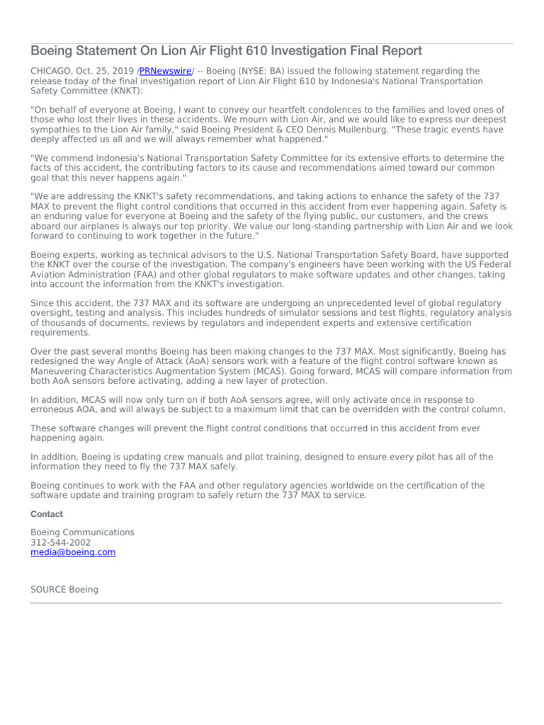 Boeing-Press Statement-On-Lion-Air-Flight-610-Investigation-Oct2019 | PDF | Airliner | Transport