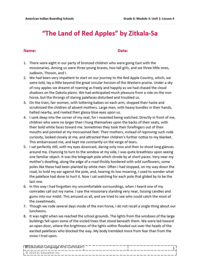 G6M3, Unit 1, Lesson 4, "The Land of Red Apples" by Zitkala-Sa | PDF