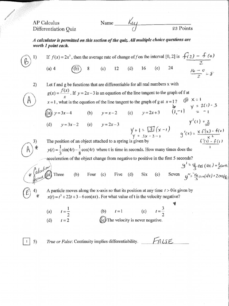 Differentiation Quiz Answers | PDF