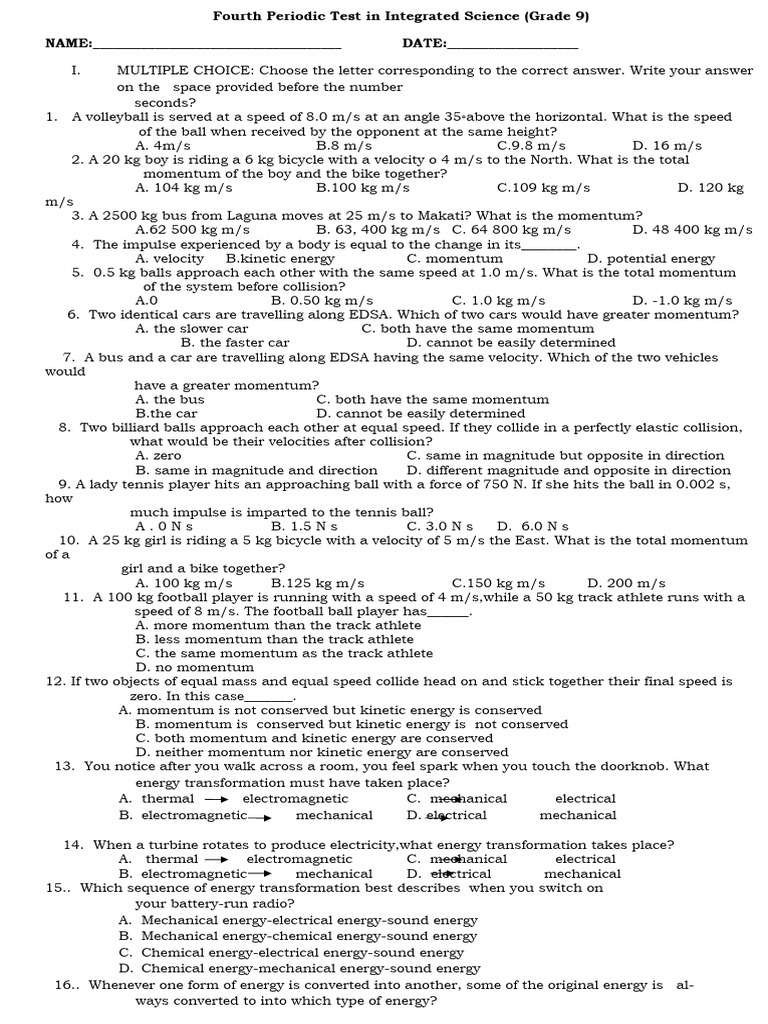 Grade 9 Integrated Science Test | PDF | Momentum | Incandescent Light Bulb