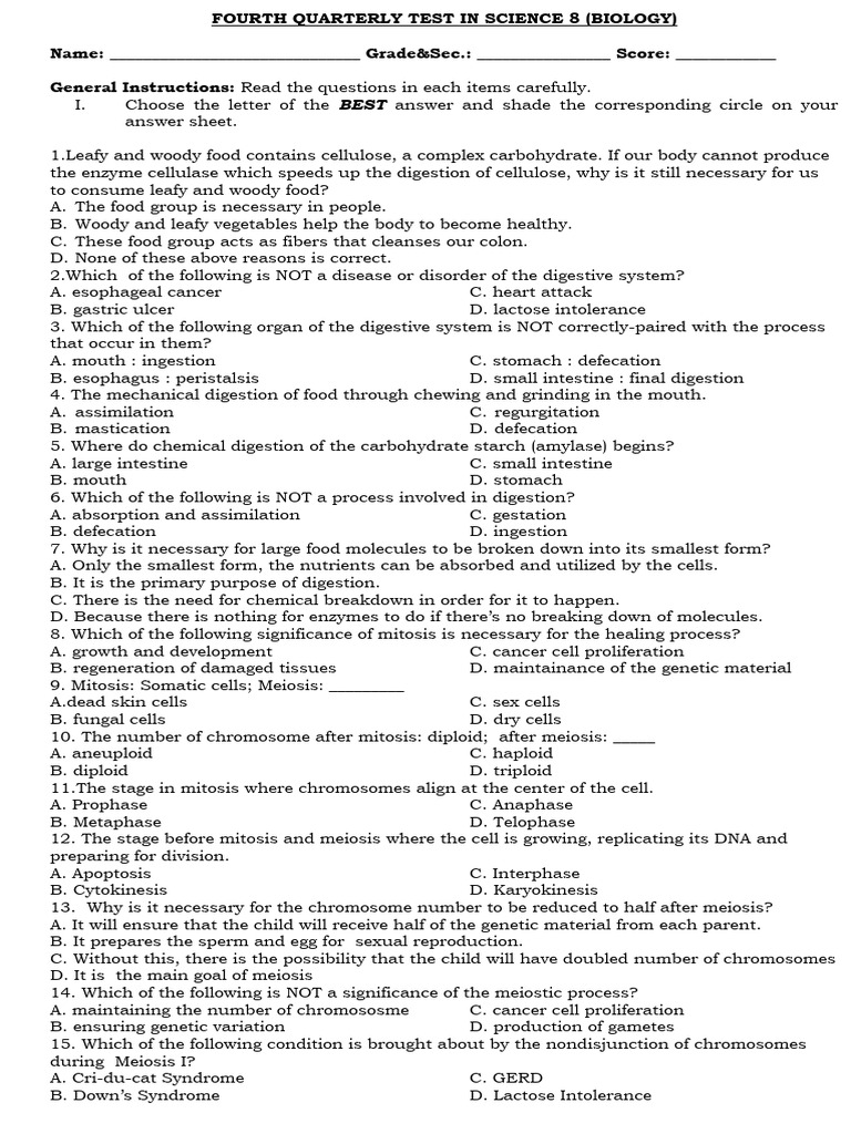 Science 8 Quarterly Test: Biology Concepts | PDF | Meiosis | Mitosis