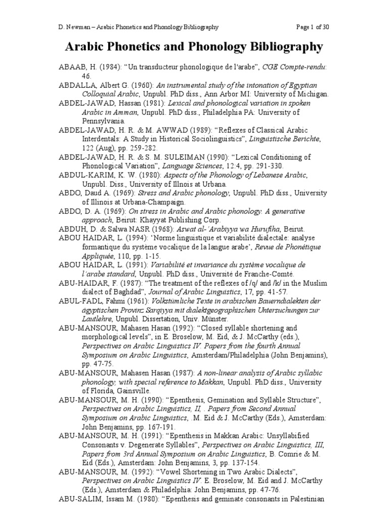 Arabic Phonetics and Phonology Bibliography | PDF | Arabic | Phonology