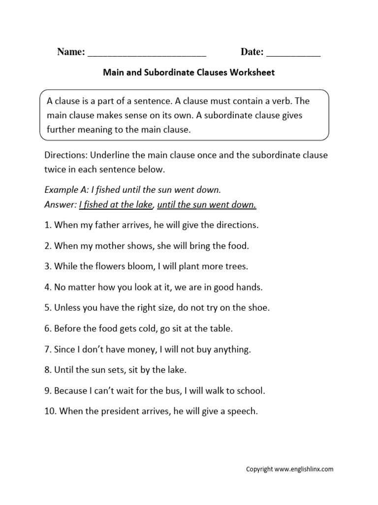 Main and Subordinate Clauses Worksheet | PDF