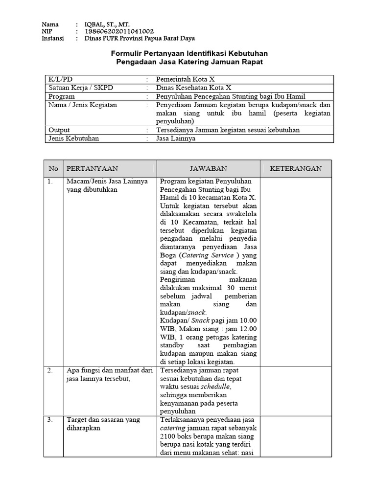 IQBAL - Lampiran 03 - Form Identifikasi Kebutuhan - PPK Tipe C 2024 | PDF