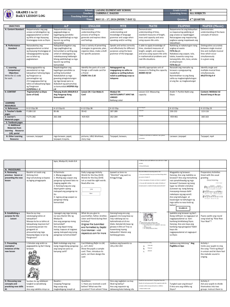 DLL - All Subjects 2 - Q4 - W7 - D1 | PDF