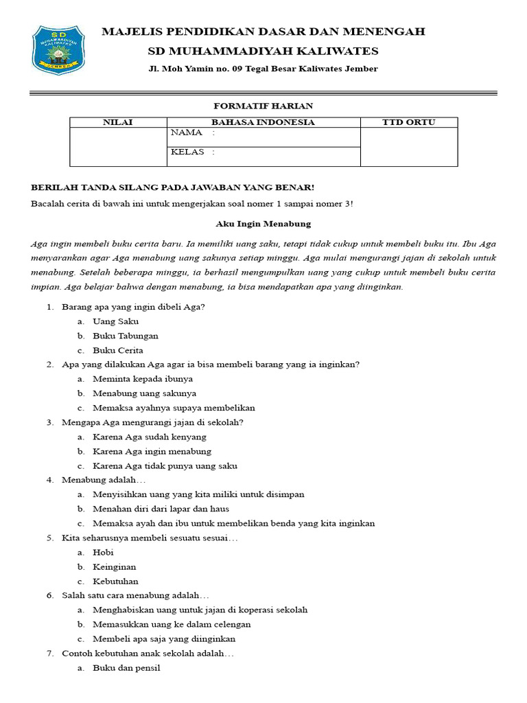 Uh Bin Bab 7 Kelas 1 | PDF