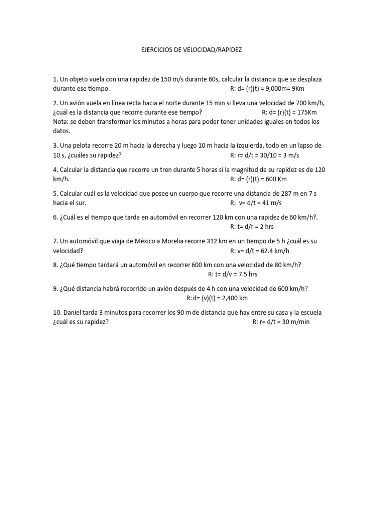 Ejercicios de Velocidad y Rapidez | PDF